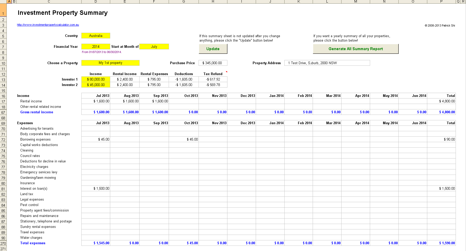 Rental Investment Property Record Keeping Spreadsheet